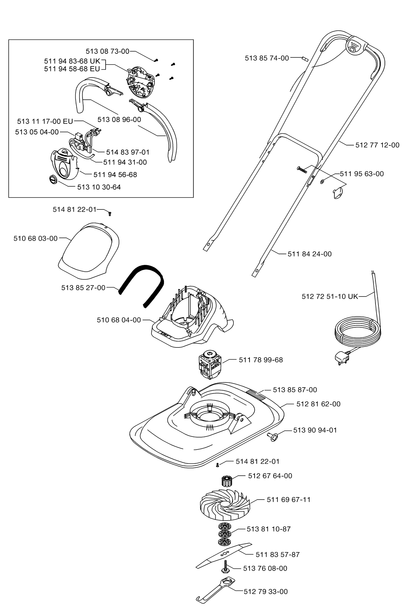 Flymo Turbolite 330 (9633308-01 (2006)) Parts Diagram, Page 1