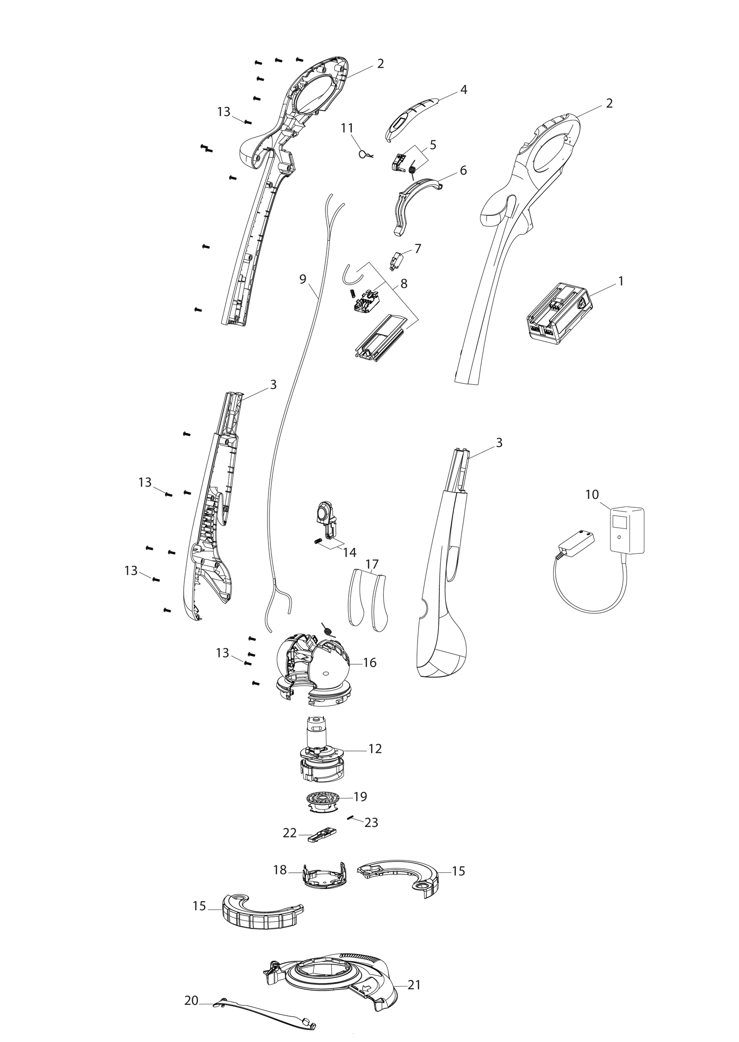 Flymo Contour Cordless XT (9666768-01 (2011)) Parts Diagram, Page 1