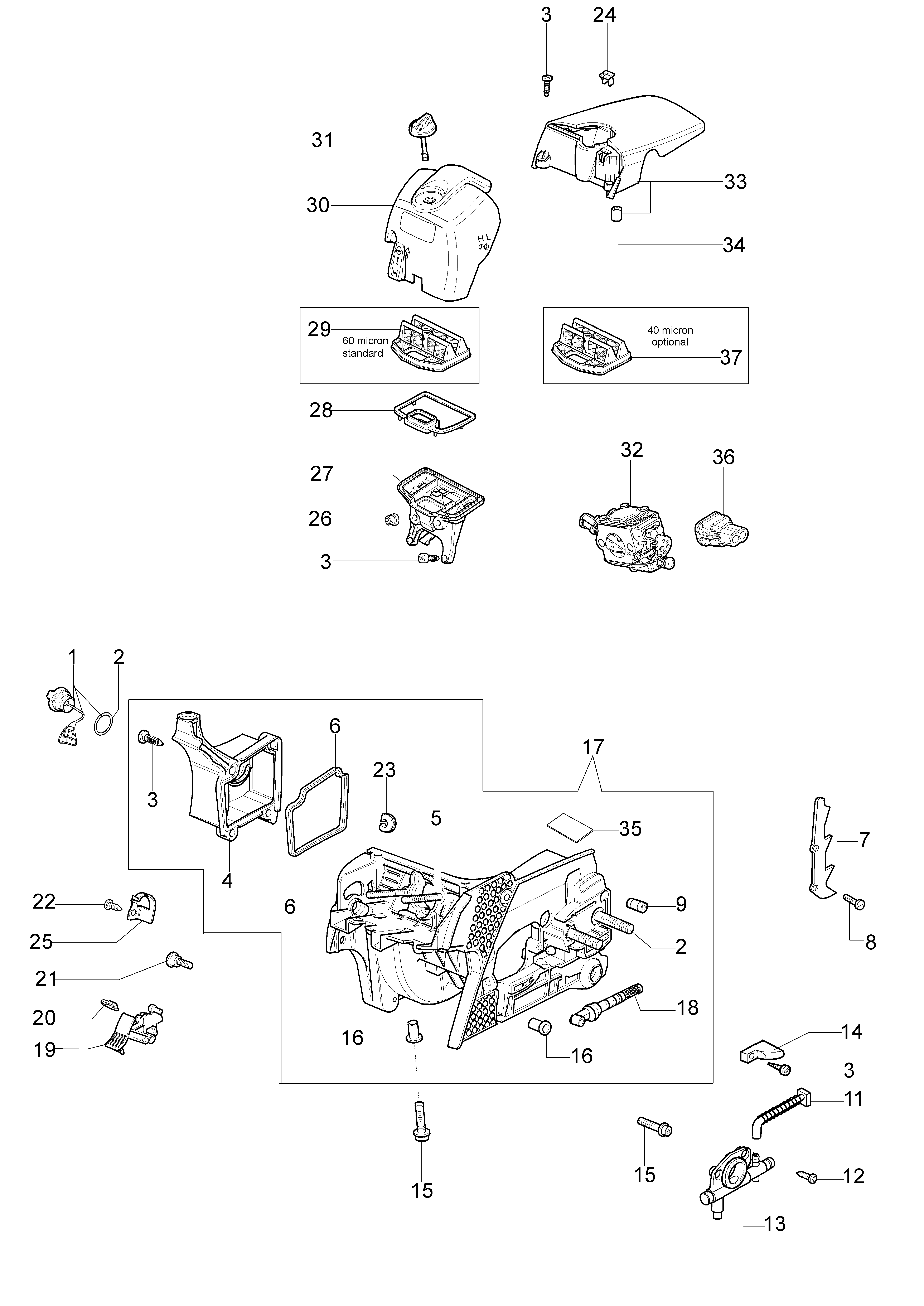 Oleo-Mac 941 CX (941 CX) Parts Diagram, Crankcase and air filter