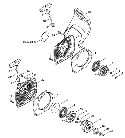 Stihl MS 231 Chainsaw (MS231C) Parts Diagram, Rewind Starter & Hand Guard